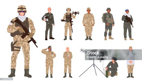남자와 여자 군인 사람들 전신 만화 캐릭터 큰 세트 입고 위장 유니폼 육군 병사에 대한 스톡 벡터 아트 및 기타 이미지 육군
