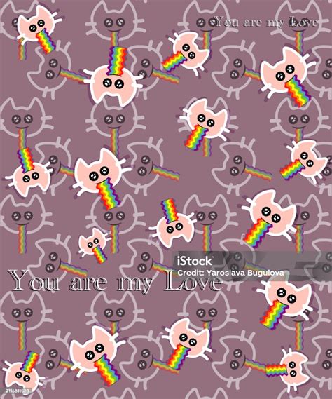 무지개 무늬가 있는 고양이 다채로운 손으로 그린 패치 워크 평면 만화 원활한 패턴 수제 패치 작업 퀼트 스타일 배경 섬유 개념