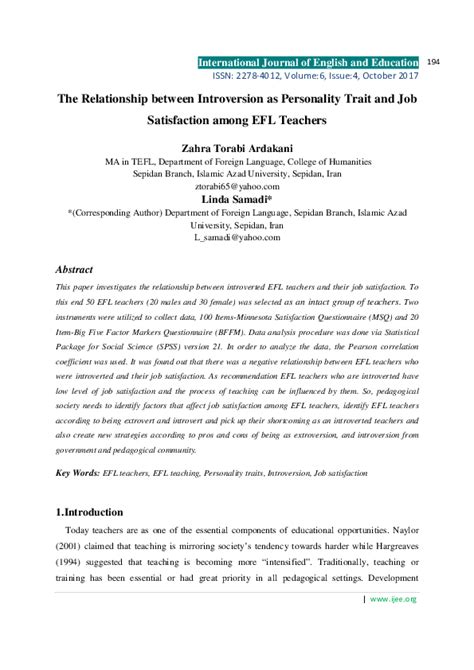 Pdf The Relationship Between Introversion As Personality Trait And