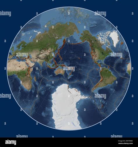 New Hebrides Tectonic Plate On The Blue Marble Satellite Map In The Lagrange Oblique Projection