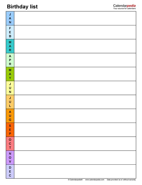 Birthday Lists Free Printable Microsoft Excel Templates