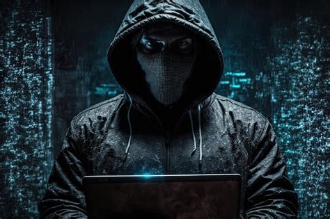 Premium Ai Image Front View Of Male Hacker Holding Laptop