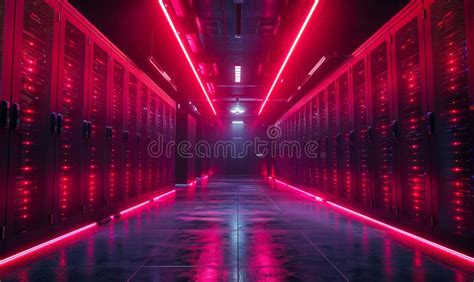 Modern Server Room With Data Flow Visualization And Complex Network Infrastructure Stock