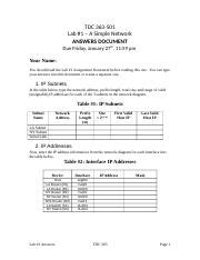 Tdc Lab Answers TDC Lab A Simple Network ANSWERS DOCUMENT Due Friday January