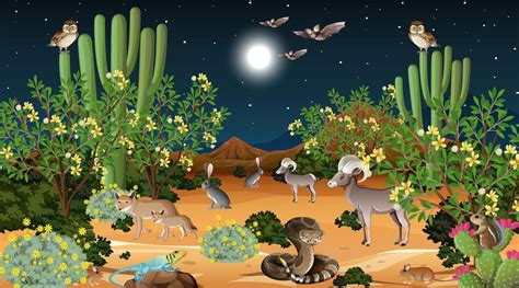 Paysage De Forêt Du Désert à La Scène De Nuit Avec Des Animaux Sauvages 2988525 Art Vectoriel