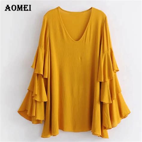 Women Yellow Blouse Shirts Layers Ruffles Sleeve Casual Fashion V Neck