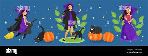 Female Characters For Halloween Set A Cute Witch In A Cloak And Stockings Flies On A Broomstick