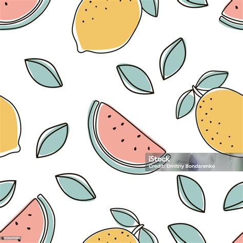 흰색 배경에 레몬과 수박 과일이 있는 귀여운 이음매 없는 패턴입니다 벡터 일러스트 레이 션입니다 귀여운 아이들의 배경입니다 0명에 대한 스톡 벡터 아트 및 기타 이미지