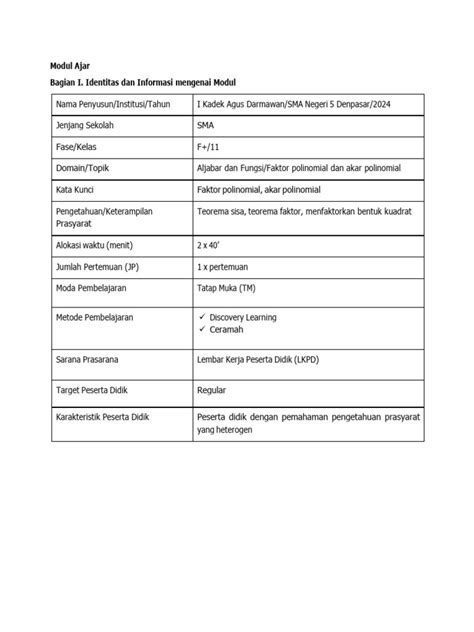 Modul Ajar Matematika Faktor Polinomial Akar Polinomial Fase F Pdf Metode And Bahan Ajar