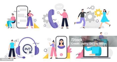 고객 서비스 일러스트 세트입니다 여자와 남자는 고객과 채팅 전화 통화에 응답하고 고객을 도와 콜 센터에 대한 스톡 벡터 아트 및 기타 이미지 Istock