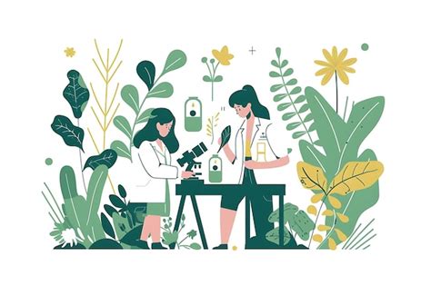 식물과 Co를 연구하는 캐릭터와 함께 자연주의 식물학자 2d 평평한 다양한 직업 배너 포스터 예술 프리미엄 사진