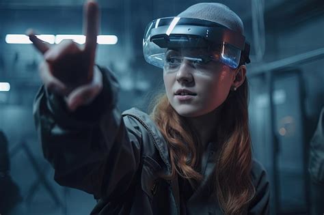 Premium Ai Image Woman In Virtual Reality Headset Touching Something On Virtual Screen In Dark