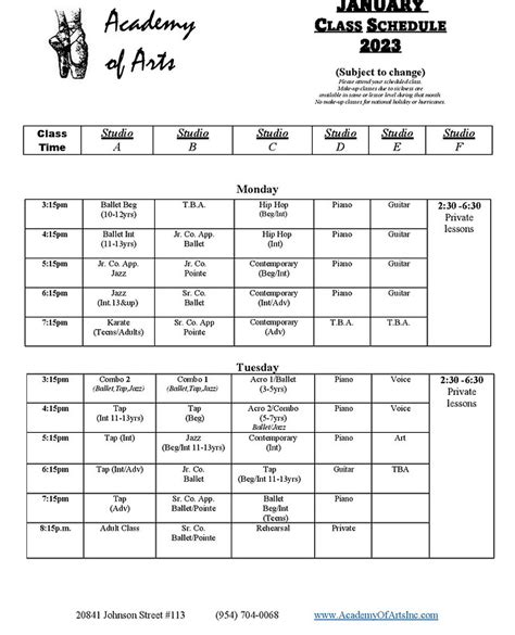 Class Schedule Academy Of Arts