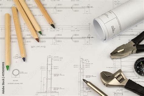 Engineer Construction Business Work Concept Engineering Blueprint Diagrams Paper Drafting And