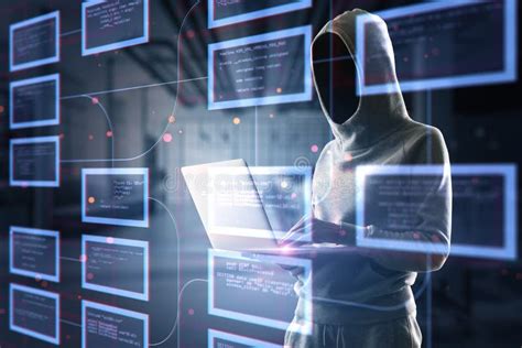 Hacker Standing And Using Laptop With Abstract Creative Coding