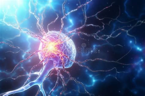 Illuminated Neural Cell On Dark Background Showcasing Synaptic Connections Stock Illustration