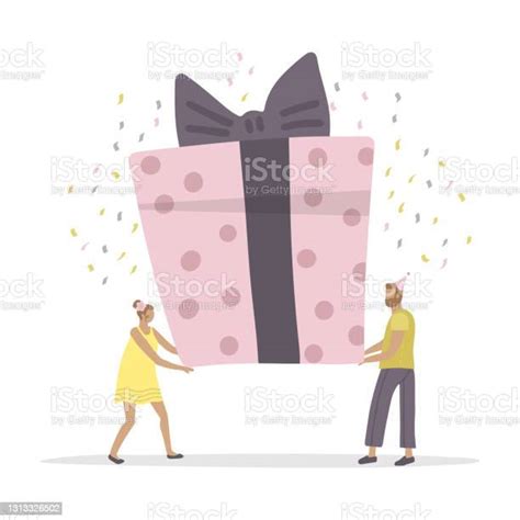 행복한 작은 남자와 여자는 거대한 선물 상자를 들고있다 큰 보너스 또는 특별 행사 생일 축하 선물 현대 플랫 핸드 그린 벡터 일러스트레이션 선물에 대한 스톡 벡터 아트 및