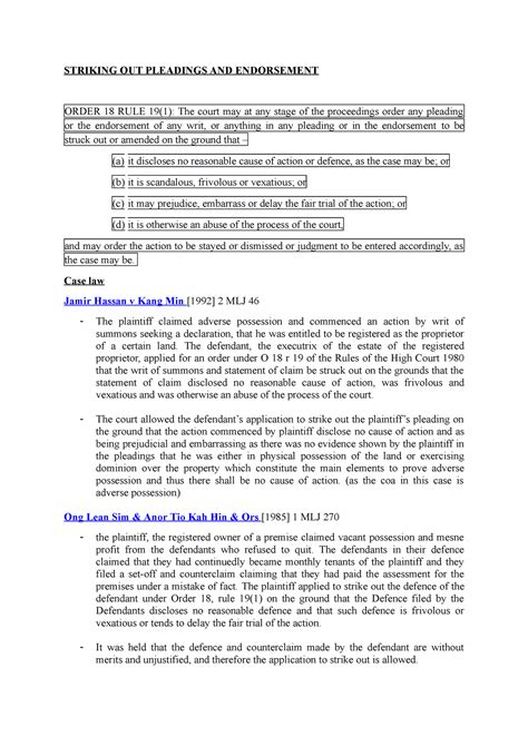 Striking Out Pleadings And Endorsement Striking Out Pleadings And
