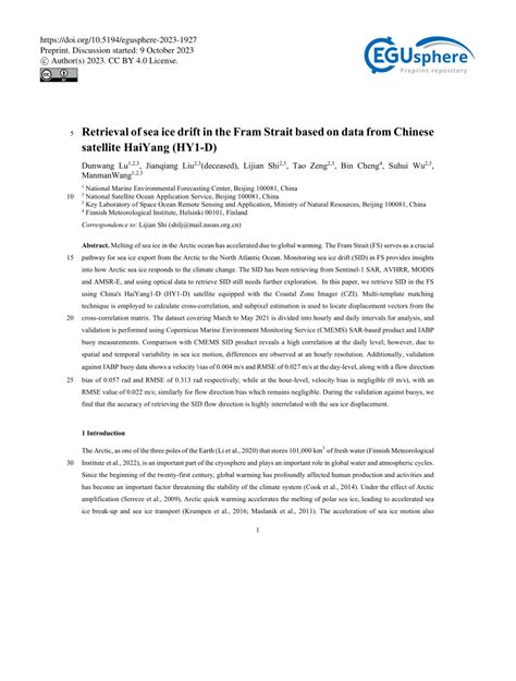 Pdf Retrieval Of Sea Ice Drift In The Fram Strait Based On Data From Chinese Satellite Haiyang
