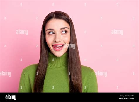 Photo Of Young Dreamy Woman Look Empty Space Lick Lips Sweet Tasty