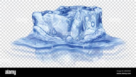 One Big Realistic Translucent Ice Cube In Blue Color Half Submerged In Water Isolated On