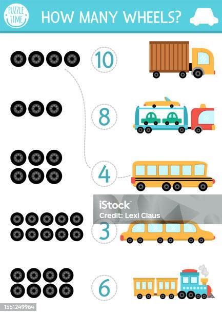 숫자 운송 게임을 차량과 일치시킵니다 미취학 아동을 위한 도시 교통 수학 활동 귀여운 트럭 스쿨 버스 리무진 기차가 있는 교육 계산 워크시트 얼마나 많은 바퀴 거리에 대한