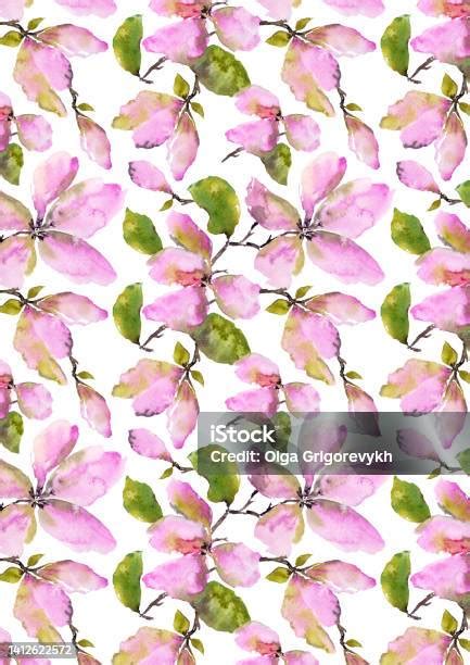 원활한 꽃 배경 수채화 목련 그림 꽃 반복 패턴 직물 장식품 꽃 벽지 0명에 대한 스톡 벡터 아트 및 기타 이미지 0명 고풍스런 귀여운 Istock