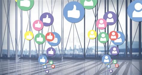 Image Of Multiple Colourful Digital Social Media Icons Flying Over Modern Interiors Stock