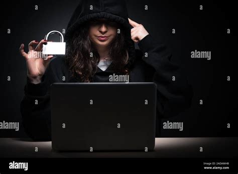 Female Hacker Hacking Security Firewall Late In Office Stock Photo Alamy