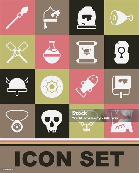 접힌 지도 바이킹 책 마법 룬 물약이 든 병 노 또는 외륜 보트 중세 창과 법령 양피지 두루마리 아이콘을 설정합니다 벡터 고대의에 대한 스톡 벡터 아트 및 기타 이미지