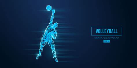 배구 선수의 추상적인 와이어프레임 실루엣은 파란색 배경에 삼각형과 입자로 이루어져 있다 배구 선수 남자가 공을 친다 벡터 그림