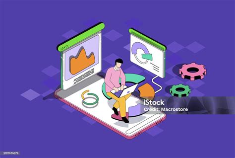 3d 아이소 메트릭 그래픽 디자인의 데이터 분석 웹 개념 아이소메트리 사람들은 분석 차트와 통계 그래프로 작업하는 사람과 함께 데이텀 대시보드 화면을 검사하는 장면입니다