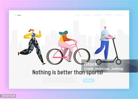 활동적인 사람 스포츠 페이지 서식 파일을 방문입니다 웹사이트 또는 웹 페이지에 대 한 건강 한 라이프 스타일 개념 실행 자전거를 타고 행복 한 캐릭터 쉽게 편집할 수