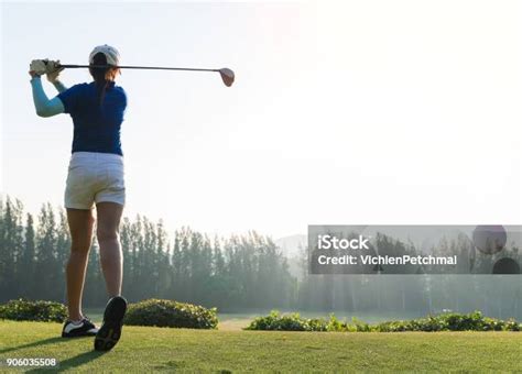 아름 다운 배경 풍경에 공을 명 중 하는 여자 골퍼 공에 초점입니다 여자에 대한 스톡 사진 및 기타 이미지 여자 운전하기