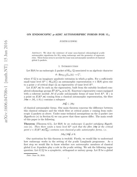 Pdf On Endoscopic P Adic Automorphic Forms For Sl 2