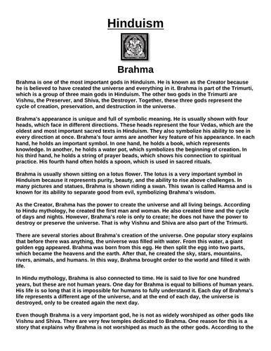 Hinduism Brahma Article And Questions” Assignment Teaching Resources