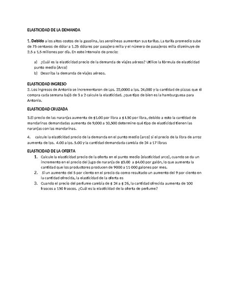 Ejercicios De Elasticidad De Demanda Y Oferta Para Practicas De Examen