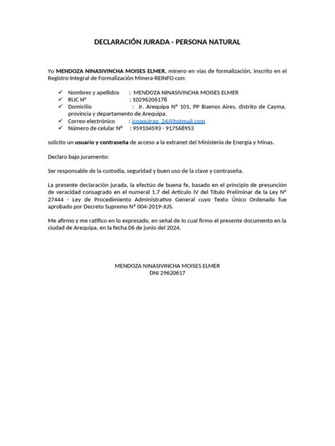 Declaracion Jurada Persona Natural Pdf