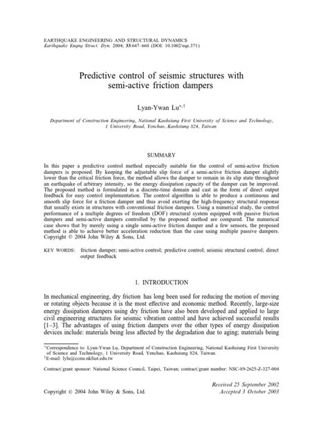 Predictive Control Of Seismic Structures Lu Pdf Force Damping