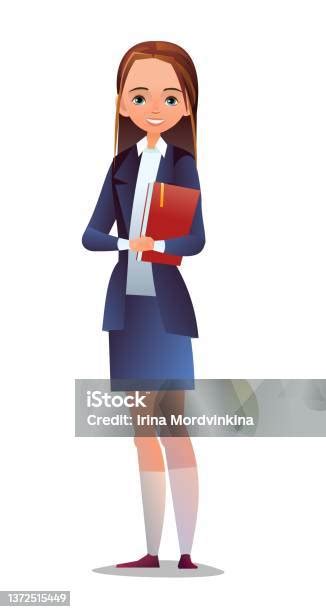 예쁜 어린 소녀 학생 쾌활한 소녀 스탠딩 포즈 만화 스타일의 만화 플랫 디자인 단일 문자입니다 흰색 배경에 격리된 그림입니다