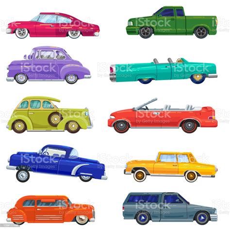 Lowrider 기술 자동차 복고풍 빈티지 오래 된 자동 플랫 스타일 설정 흰색 벡터 그림에 격리 빈티지 낮은 클리어런스 자동차 카브리올레 자동차 차량 컬렉션 오래 된