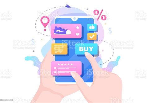 모바일 스토어 또는 응용 프로그램 벡터 일러스트에서 온라인 쇼핑 디지털 마케팅 프로모션 결제 및 구매 는 포스터에 대 한 신용 카드를 통해 쇼핑에 대한 스톡 벡터 아트 및