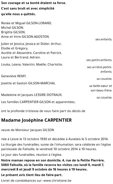 Avis De Décès De Joséphine Carpentier Décédé Le 05102014 à Auvelais