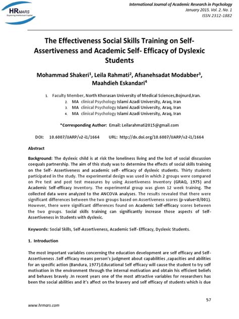 The Effectiveness Social Skills Training On Self Assertiveness And Academic Self Efficacy Of
