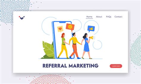 추천 마케팅 랜딩 페이지 템플릿입니다 프로그램 전략 네트워크 제휴 파트너십 라우드 스피커가있는 캐릭터 개념에 대한 스톡 벡터