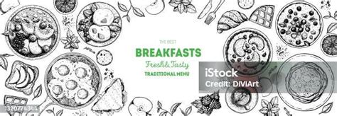 아침 식사 브런치 스케치 디자인 요소 최고 보기 음식 아침 음식 메뉴 디자인 아침 식사와 브런치 요리 컬렉션 빈티지 손으로 그린 스케치 벡터 일러스트 각인 된 스타일 브런치