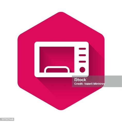 긴 그림자로 격리 된 흰색 전자 레인지 아이콘 가전 제품 아이콘입니다 핑크 육각형 버튼 벡터 가정 생활에 대한 스톡 벡터 아트 및 기타 이미지 Istock