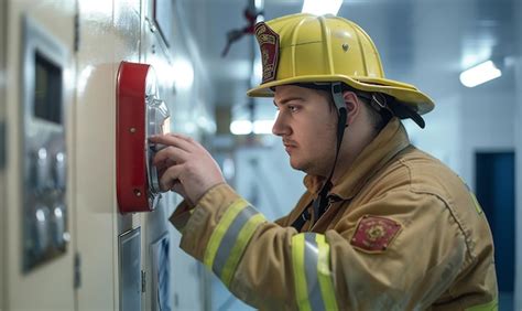 A Firefighter Work On Fire Alarm System In Building Premium Ai Generated Image