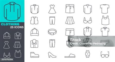 의류 라인 벡터 아이콘 세트입니다 완벽한 픽셀 편집 가능한 획 세트에는 아이콘이 포함되어 있습니다 모자 코트 재킷 스톡 일러스트 아이콘 기호 패션 셔츠 자 켓 손목 시계