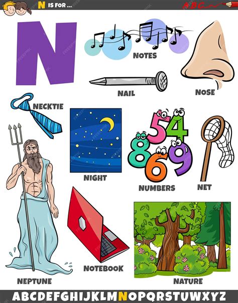 Conjunto De Letras N Con Objetos Y Personajes De Dibujos Animados